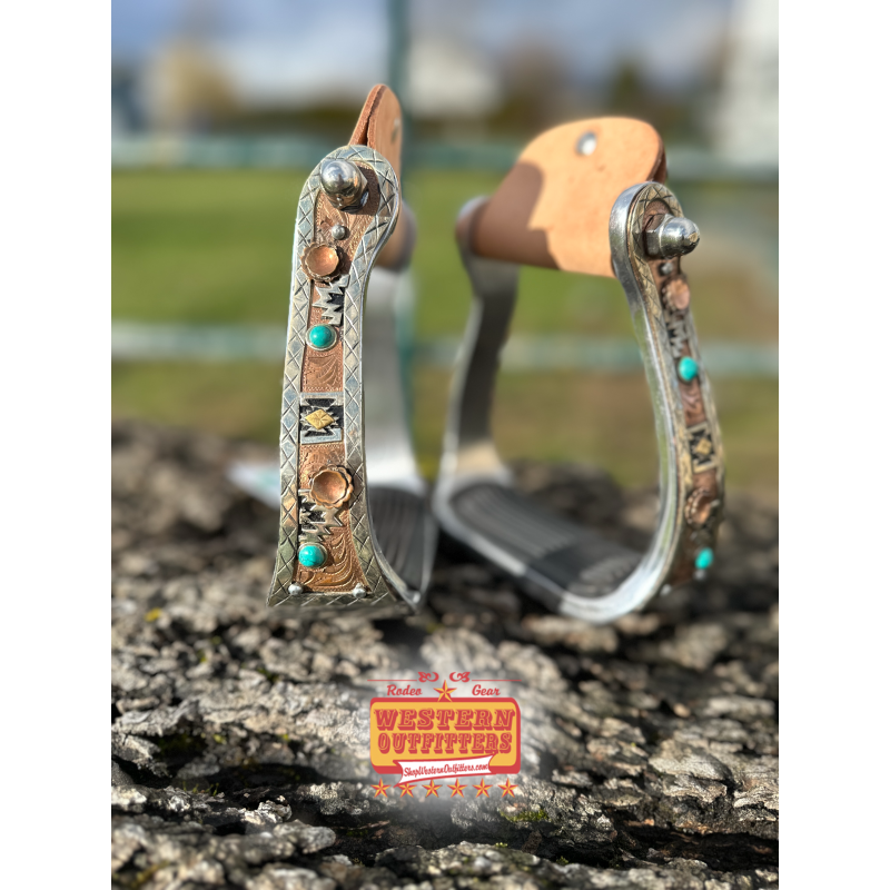 Aluminum 5" Wide Turquoise Stones Aztec Engraved Barrel Racing Stirrups