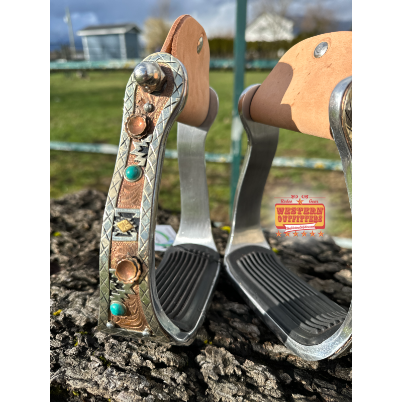 Aluminum 5" Wide Turquoise Stones Aztec Engraved Barrel Racing Stirrups