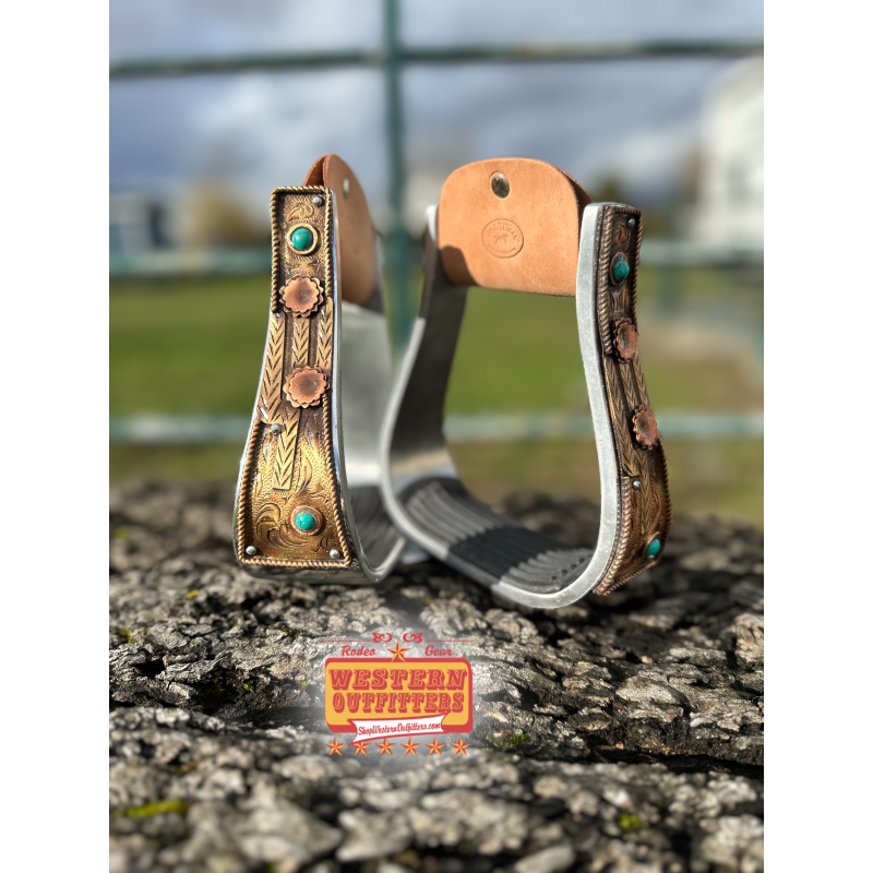 Aluminum Antique Copper Cactus Engraved Western Saddle Stirrups