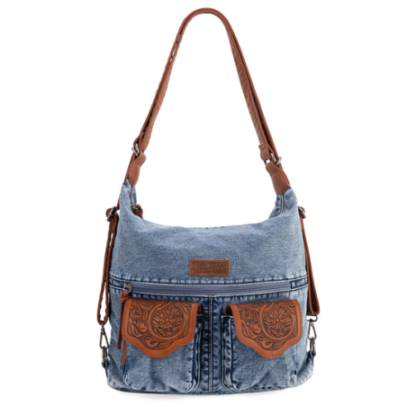 Wrangler Floral Tooled Denim Hobo Crossbody Backpack Bag