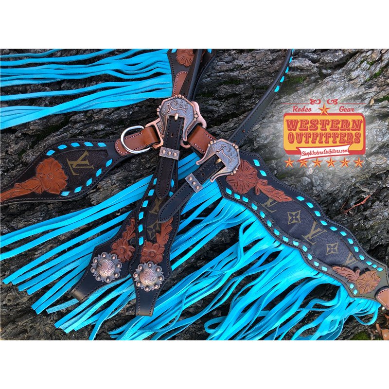 Turquoise Designer Leather Headstall and Fringe Breast Collar Set